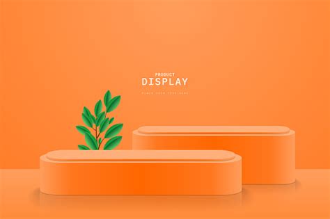 둥근 연단 세트 또는 제품 전시 및 잎 가지를 위한 스탠드가 있는 깨끗한 오렌지색 3d 객실입니다 모형 템플릿에 대한 연단 장면입니다 쇼케이스를 위한 무대 3d 벡터 렌더링