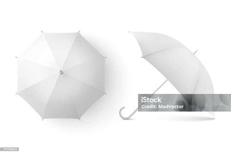 벡터 3d 사실적인 렌더링 흰색 빈 우산 아이콘 설정 닫닫기 흰색 배경에 격리 모형 브랜딩 광고 등을 위한 열린 파라솔의 디자인 템플릿 상단 및 전면 뷰 0명에 대한 스톡