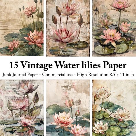Vintage Water Lilies Paper Floral Designs For Journals Scrapbooks Digital Download Etsy