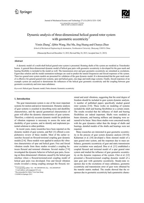 Pdf Dynamic Analysis Of Three Dimensional Helical Geared Rotor System With Geometric Eccentricity