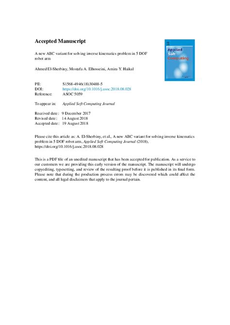 Pdf A New Abc Variant For Solving Inverse Kinematics Problem In 5 Dof Robot Arm