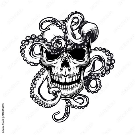 Head Of Skeleton With Tentacles Tattoo Template Monochrome Element