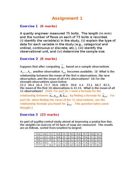 Assignment 1 Statistics Questions Assignment 1 Exercise 1 6 Marks A Quality Engineer