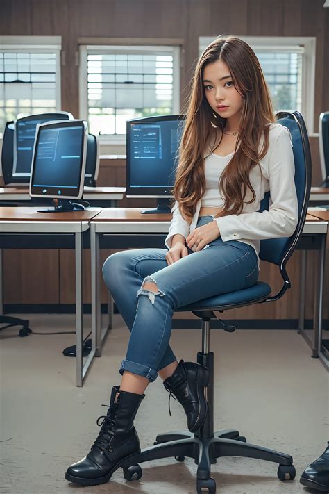 A Woman Sitting On A Chair In Front Of A Computer Desk SeaArt AI