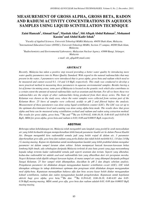 Pdf Measurement Of Gross Alpha Gross Beta Radon And Radium Activity Concentrations In