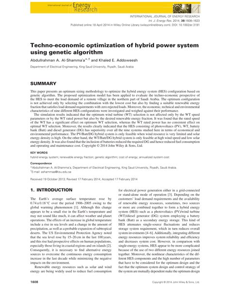 Pdf Techno Economic Optimization Of Hybrid Power System Using Genetic Algorithm