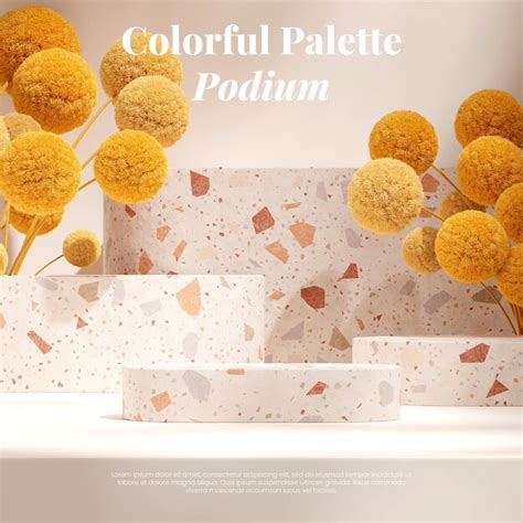 Желтая мимоза минимальная белая стена 3d изображение рендер макет шаблон красный терраццо подиум