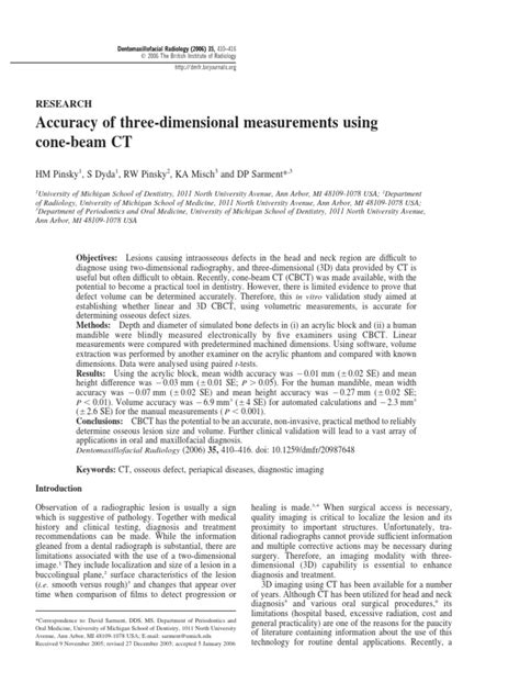 Accuracy Of 3d Measurements Using Cone Beam Ct Pdf Ct Scan Medical Imaging
