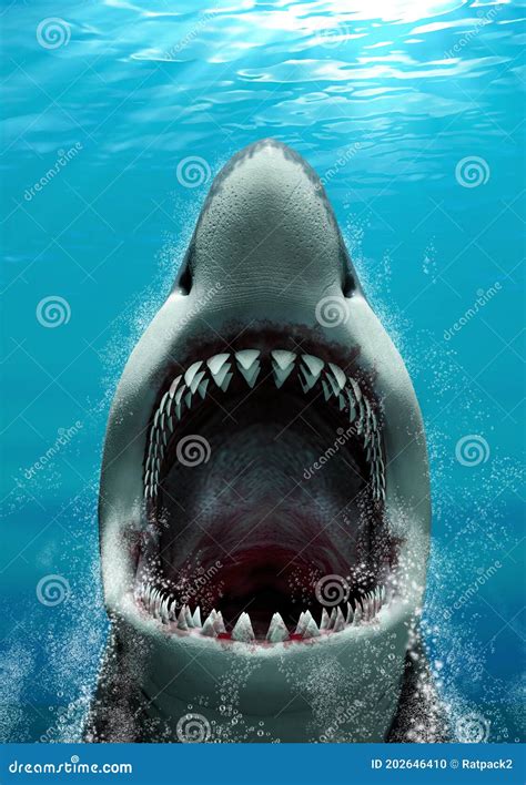 Большая белая акула нападает с открытым ртом и большими зубами