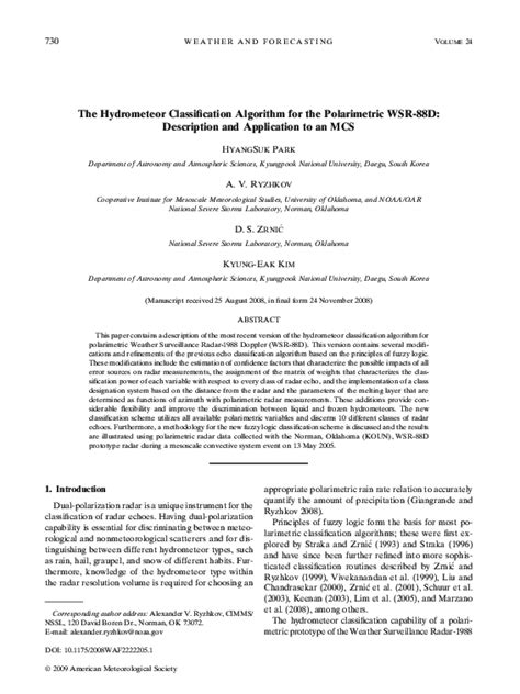 Pdf The Hydrometeor Classification Algorithm For The Polarimetric Wsr 88d Description And