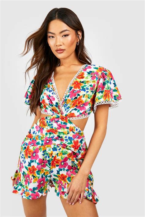 Floral Print Cut Out Playsuit Boohoo Uk