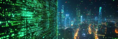 A Futuristic Cityscape With A Towering Building Made Of Binary Code