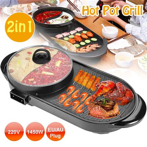 2 In 1 2000w Electric Grill Hot Pot Barbecue Multifunction Buffet Hot
