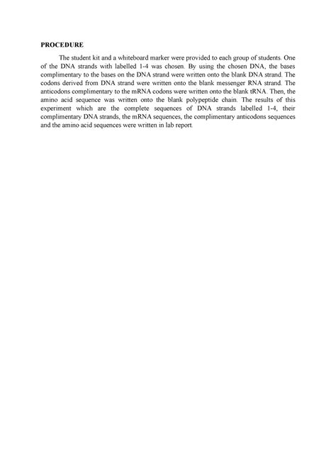 BIO SEM Experiment Lab Report Experiment On Protein Synthesis Procedure Biology Studocu