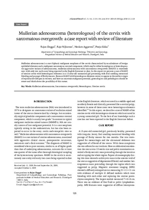 Pdf Mullerian Adenosarcoma Heterologous Of The Cervix With Sarcomatous Overgrowth A Case