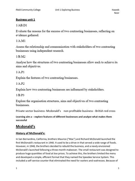 Unit 1 Business Learning Aim A And B Pdf