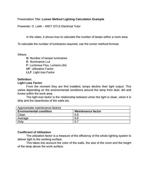 Lumen Method Calculations Presentation Title Lumen Method Lighting Calculation Example