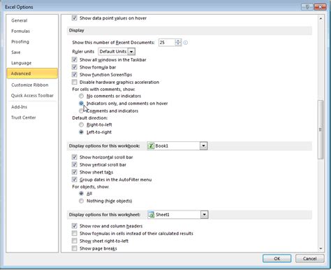 ms excel 2010 display comment indicator next to cells with comments