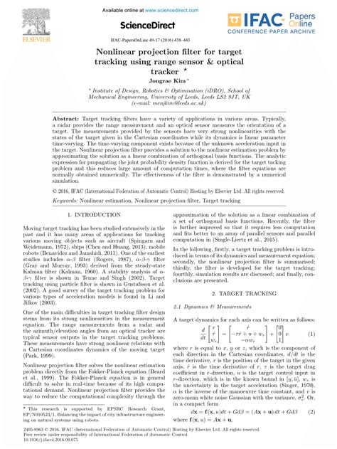 Pdf Nonlinear Projection Filter For Target Tracking Using Range