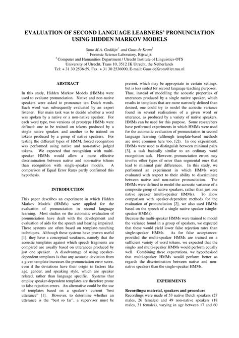 Pdf Evaluation Of Second Language Learners Pronunciation Using Hidden Markov Models