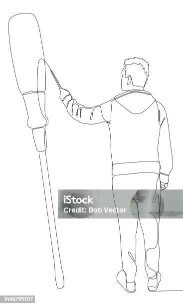 드라이버에 손가락으로 가리키는 남자의 연속 라인 가는 선 수리 목공 일러스트레이션 벡터 개념 등고선 그리기 창의적인 아이디어 Diy에 대한 스톡 벡터 아트 및 기타 이미지