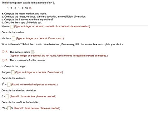 solved the following set of data is from a sample of n 6 9 13