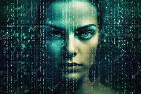 Female Face Against Binary Code Artificial Intelligence Concept