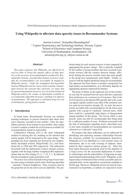 Pdf Using Wikipedia To Alleviate Data Sparsity Issues In Recommender Systems