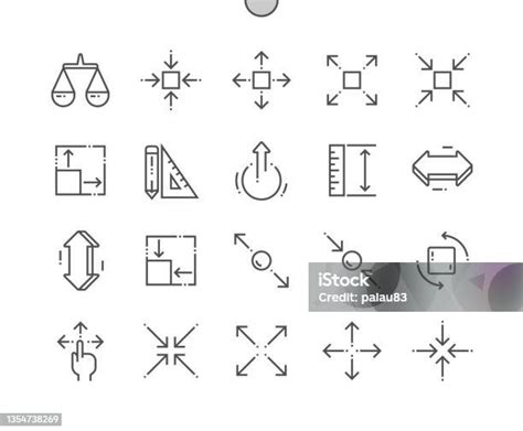 화살표 크기 조정 측정 포인터 인터페이스 계측기 버튼 방향 크기 및 측정 픽셀 완벽한 벡터 얇은 선 아이콘 간단한 최소 그림 무너짐에 대한 스톡 벡터 아트 및 기타 이미지