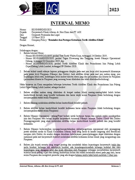 Internal Memo Reminder Dan Pertegas Ketentuan Tertib Aktifitas Klinik