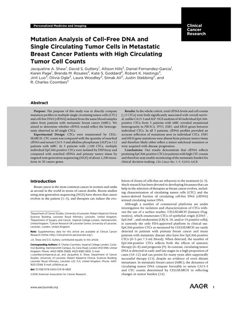 Pdf Mutation Analysis Of Cell Free Dna And Single Circulating Tumor