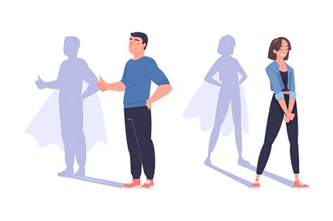 남자와 여자 슈퍼히어로 캐릭터의 그림자가 서 있고 웃고 있는 벡터 세트 남자에 대한 스톡 벡터 아트 및 기타 이미지 남자