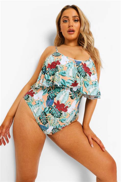 Plus Schulterfreier Badeanzug Mit Tropen Print Boohoo De