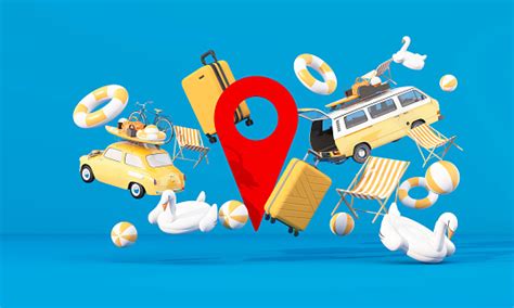 여행할 시간 여름 여행 또는 자동차 여행의 개념 아름다운 구도와 단어 삽입을 위한 공간 배치 휴대폰의 지도를 사용하여 목적지를 고정할 준비가 되었습니다 만화 스타일 3d