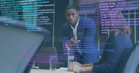 image of data processing over diverse colleagues discussing work in