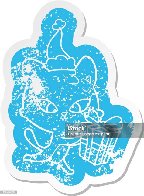 산타 모자를 쓴 고양이의 귀여운 기발한 만화 고민 스티커 고양이 새끼에 대한 스톡 벡터 아트 및 기타 이미지 고양이 새끼 그런지 이미지 기법 낙서 드로잉 Istock