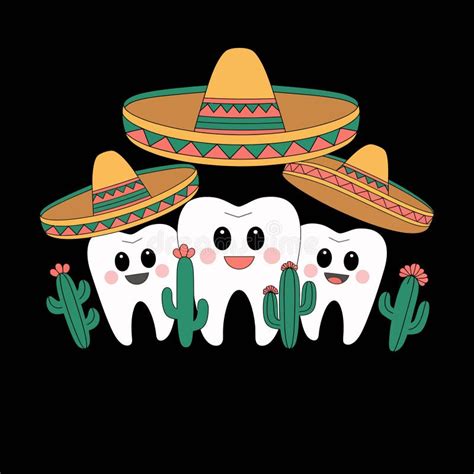 Three Cute Teeth Characters Are Wearing Colorful Sombreros And