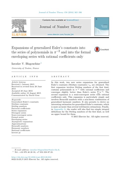 Pdf Expansions Of Generalized Eulers Constants Into The Series Of Polynomials In π −2 And