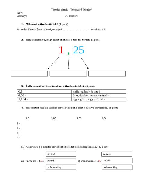 Tizedes Törtek Témazáró B Pdf