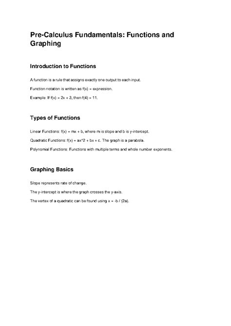 Precalculus Document 1 Functions And Graphing Pre Calculus