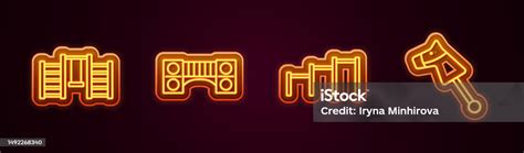 세트 라인 스웨덴 벽 놀이터 어린이 다리 스포츠 수평 막대 및 장난감 말 빛나는 네온 아이콘입니다 벡터 건강한 생활방식에 대한 스톡 벡터 아트 및 기타 이미지 Istock