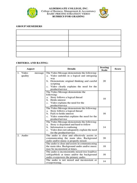 Rubrics For Basic Pricing Pdf Rubric Academic Cognitive Science