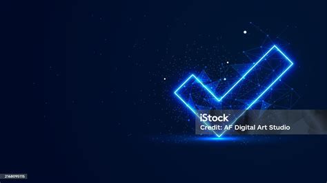 신경총 라인과 반짝이는 입자가 있는 미래 지향적으로 빛나는 체크 표시 파란색 네온 조명 스타일의 진드기 기호입니다 어두운 배경의 3d 추상 로우 폴리 복사 공간 3차원