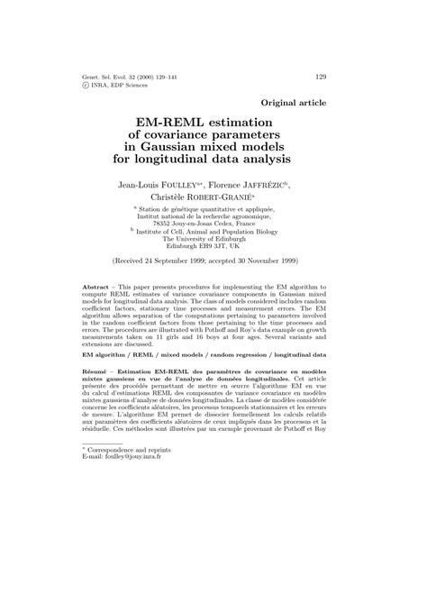 Pdf Em Reml Estimation Of Covariance Parameters In Gaussian Mixed Models For Longitudinal Data