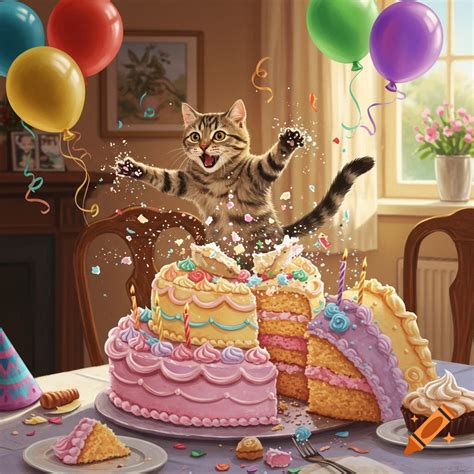 A Happy Tabby Cat Jumps Out Of A Colorful Birthday Cake Surrounded By