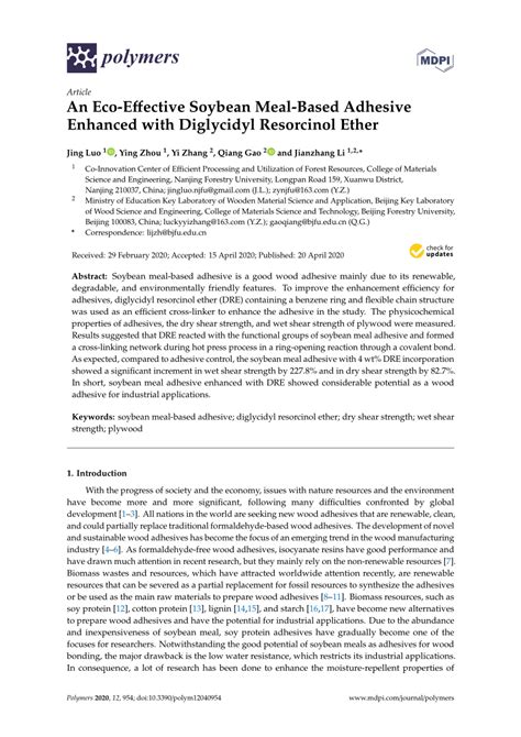 Pdf An Eco Effective Soybean Meal Based Adhesive Enhanced With Diglycidyl Resorcinol Ether
