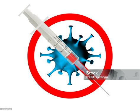 코로나바이러스를 중지합니다 신규코로나바이러스 세포는 코로나바이러스 백신 주사를 이용한 적색 정지 기호 및 주사기로 교차된다 사스