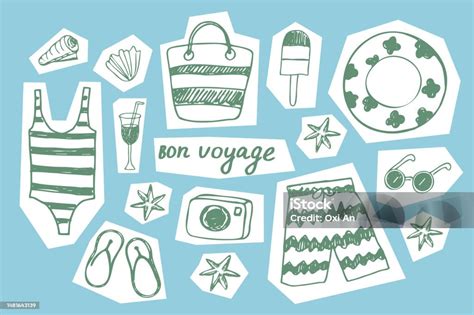 해변 휴가 그림입니다 귀여운 여름 세트 아이스크림 아이콘 수영복 조개 선글라스 여름 스크랩북 컬렉션 해변 파티 요소 배너 엽서 디자인 요소 벡터 여행 개념에 대한 스톡 벡터