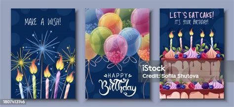 생일 축하 카드 디자인을 설정합니다 배너 케이크 양초 폭죽 색종이 조각 및 뱀이 있는 전단지 템플릿입니다 생일 축하합니다 휴일 기념일 파티를 위한 초대장 디자인 인사장에