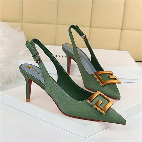 Metal Square Pointed Toe Slingback Heel Retro Toe Temu